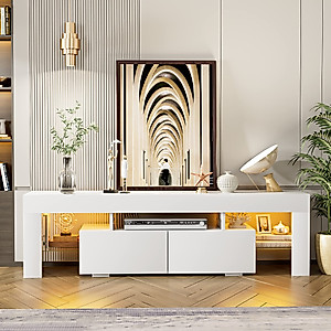 JUMMICO TV Stand, Modern Lighting TV Cabinet Entertainment Center Media and Open Shelf, TV Console Table with 1 Drawer and Remote Control, 20 Color LED Lights up to 70 Inch TV (White)