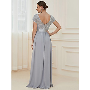 Ever-Pretty Women's Sequin V-Neck A-line Short Sleeves Empire Waist Maxi Evening Party Dress Silver US16