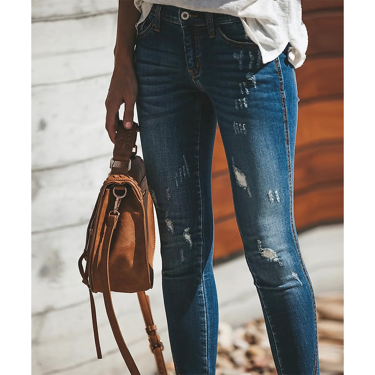 KUNMI Women's Mid Waisted Skinny Ripped Jeans Slim Fit Distressed Stretchy Denim Pants, 6, M002-blue