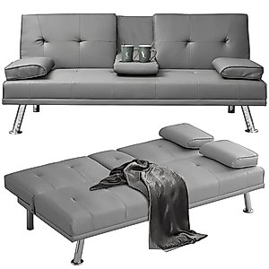 Ucloveria Futon, Multifunctional Foldable Recliner Sleeper Sofa w/ 2 Cup Holders, Loveseat Daybed Guest Bed for Compact Living Spaces, Apartments, Dorms, w/Removable Armrests, Gray(Faux Leather)