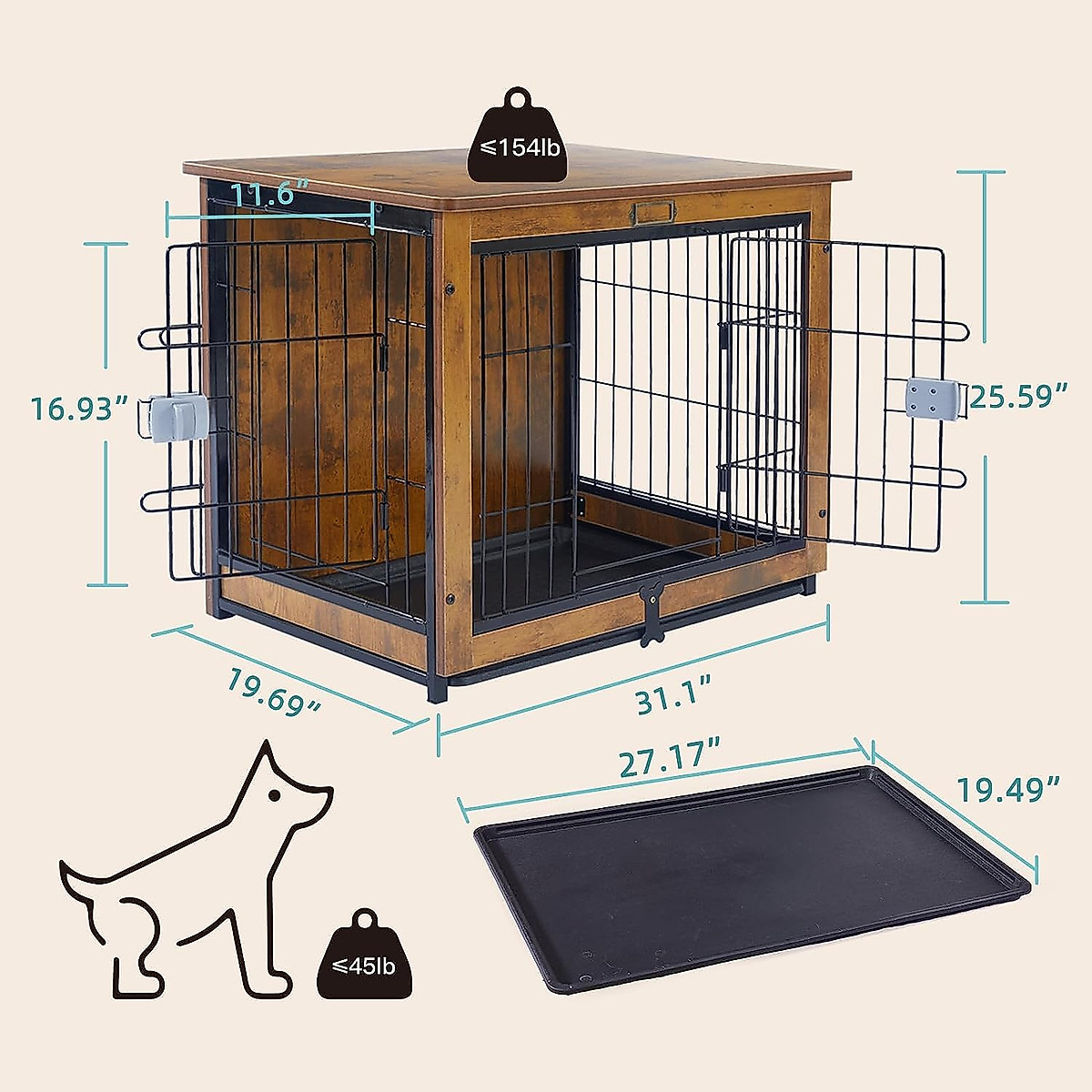 COPAW Dog Crate Furniture - 32 Inch Wooden Wire Pet Kennels with Double Doors Cushion and Removable Tray, Brown, Black