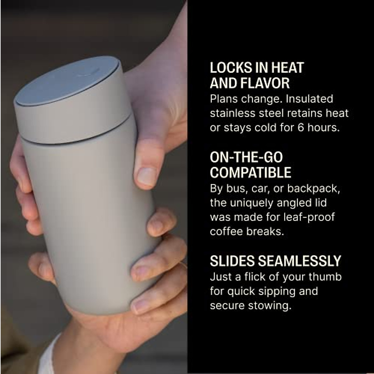 Fellow 16 oz Carter Move Travel Coffee Mug with Slide-Lock lid - Leak Proof To-Go Coffee Tumbler with Ceramic Interior and Vacuum-Insulated Stainless Steel - Coffee Cups - Matte Grey