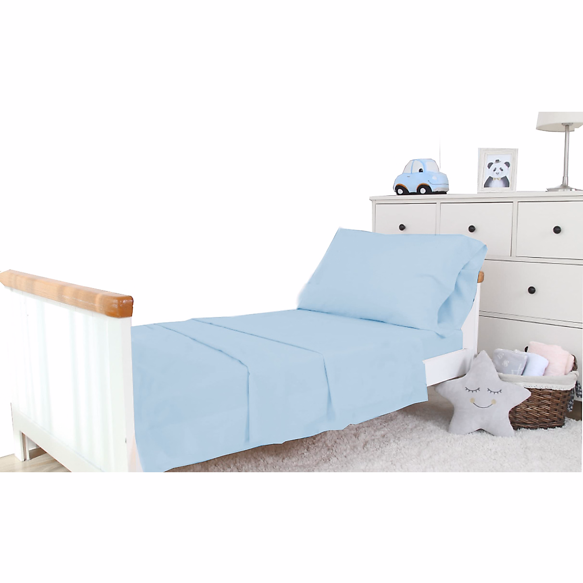 3-Piece 100% Cotton Toddler Sheet Set,One Fitted Sheet, Flat Sheet and Envelope Pillowcase, Toddler Bed Set,Crib Sheets Set,Mini Crib Sheets-Light Blue Solid