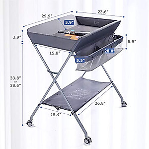 EGREE Baby Changing Table Portable Folding Diaper Changing Station with Wheels, Adjustable Height Mobile Nursery Organizer with Safety Belt and Large Storage Racks for Newborn Baby and Infant, Gray