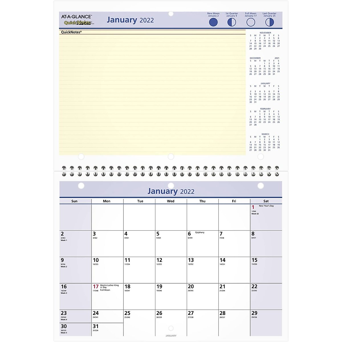 2022 Wall & Desk Calendar by AT-A-GLANCE, 11" x 8", Small, Monthly, Wirebound, QuickNotes, Daily Blocks 1-1/4” x 1-1/4” (PM5028)