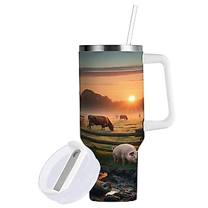 RPLIFE Farmhouse Rooster Pig Coffee Tumbler, Stainless Steel Mug, Insulated Tumblers with Handles, Tumbler for Men