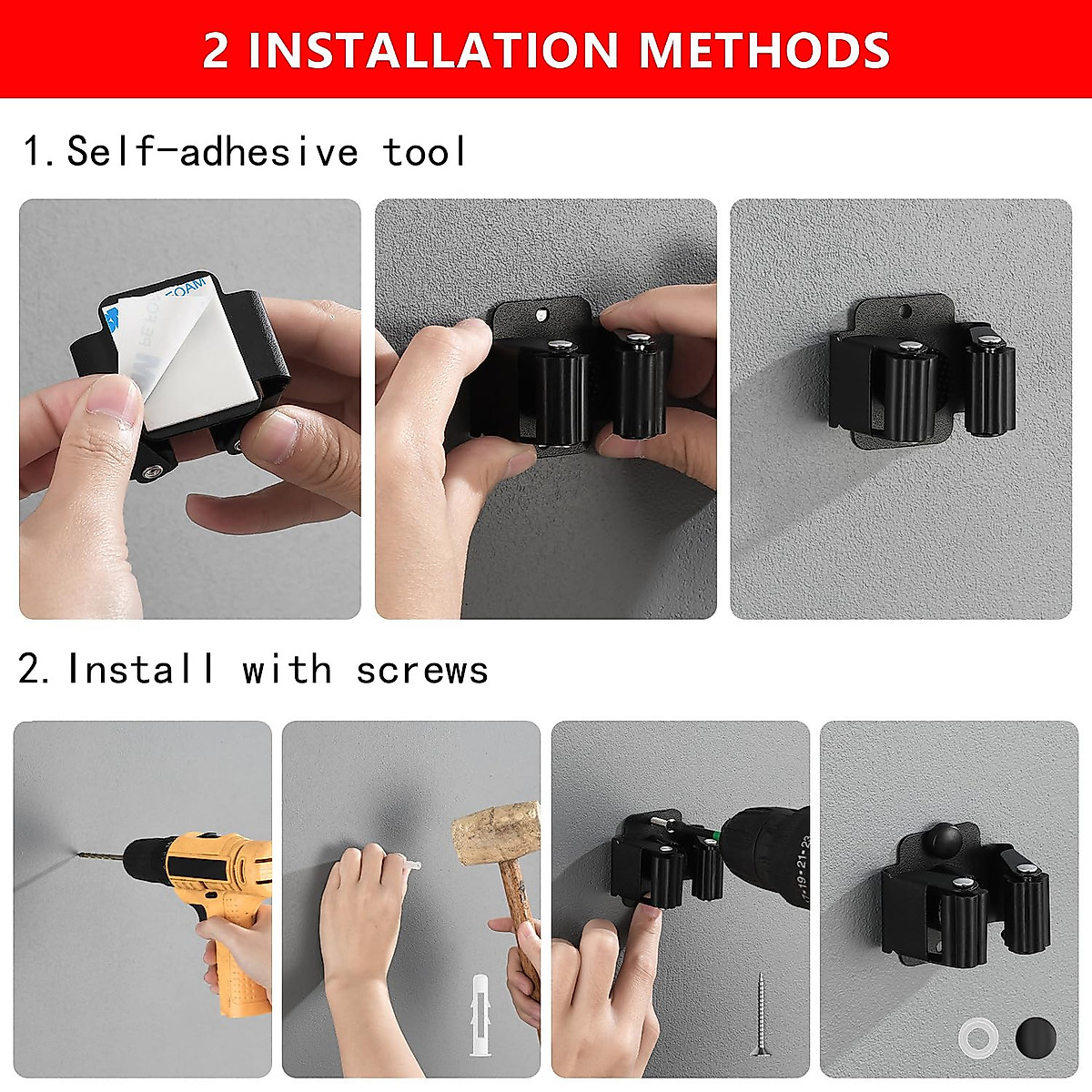 Broom Holder Wall Mount 25 Pack Broom and Mop Organizer Wall Hanging Clamp Clip Hanger Stainless Steel Gripper Mounted Utility Rack with Installation Screws Self Adhesive for Shovel Handle Black