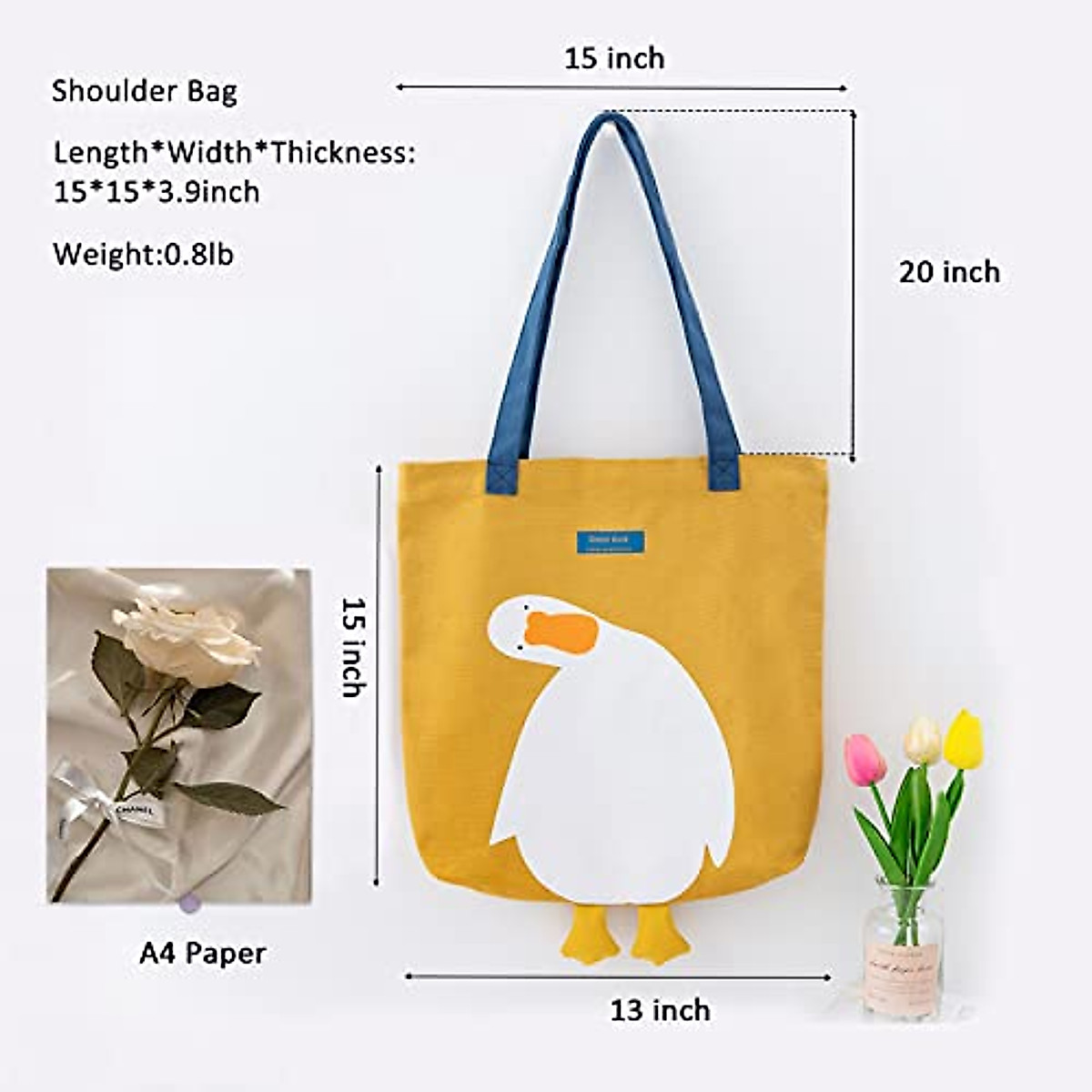 MEETPET Cute Canvas Tote Bag for Women and Teen Girls, Reusable Cotton Cloth Bag for Lunch Grocery School Shopping and Beach (Shoulder Carry Yellow Duck)