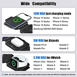 Wireless Charger 3 in 1 with Adapter and Travel Case,Fast Wireless Charging Station,Wireless Charging Pad Compatible with iPhone 14/13/12/11 Series,AirPods 3/2/Pro 2/Pro,iWatch Ultra/8/7/6/5/4/3/2/SE
