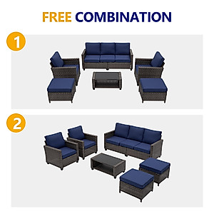 RoyalCraft 4 Piece Outdoor Patio Furniture Set, All-Weather Rattan Wicker Sectional Sofa Set with Glass Coffee Table, Outdoor Conversation Set for Balcony Backyard Porch, Blue Cushion