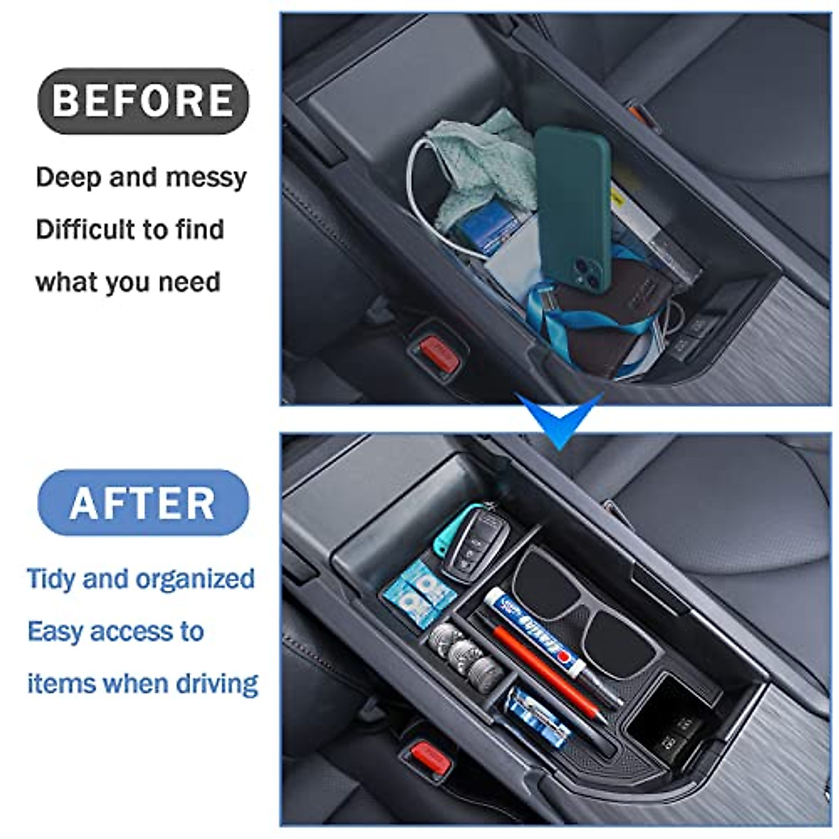 TOPINSTALL Center Console Tray Compatible with 2018-2023 Toyota Camry XLE XSE and 2020-2023 Camry LE SE with Dual USB Ports, Interior Accessories Armrest Storage Console Organizer Insert ABS Material