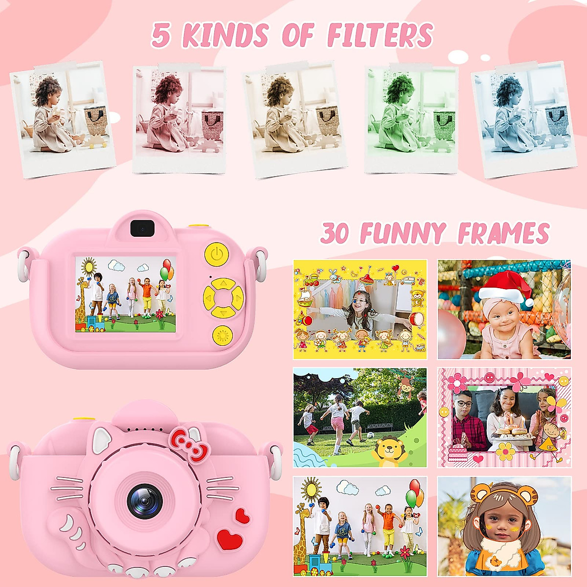 ENGUNS Kids Camera for Girls Age 3-12, 32MP HD Digital Camera for Kids, Dual Lens Toddler Camera, Video Camera for Toddlers, Girls Birthday Gifts Toys