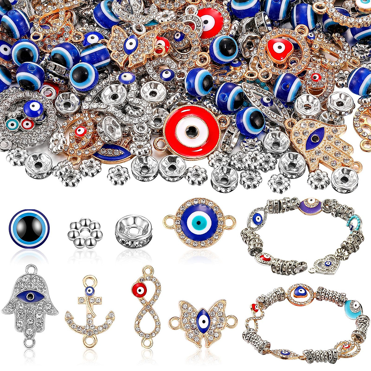 450 Pieces Evil Eye Beads Blue Evil Eye Charms Rondelle Spacer Beads Mix Alloy Enamel Evil Eye Charms Jewelry Connectors Silver Flower Beads for DIY Craft Bracelet Necklace Jewelry Making