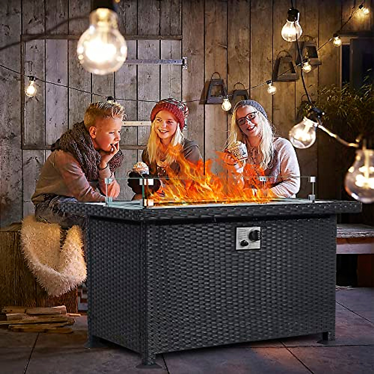 Propane Gas Fire Pit Table with Wind Guard for Outdoor, Auto-Ignition Firepits 43'' Rattan Table 50,000 BTU, Black