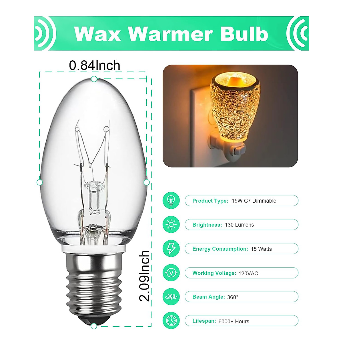 MEQIQTEK Salt Lamp Bulb - Scentsy Light Bulbs for Plug in Wax Warmer - 15 Watt Night Light Bulbs - E12 Bulbs for Household Salt Lamp - C7 Bulb Shape, 15packs