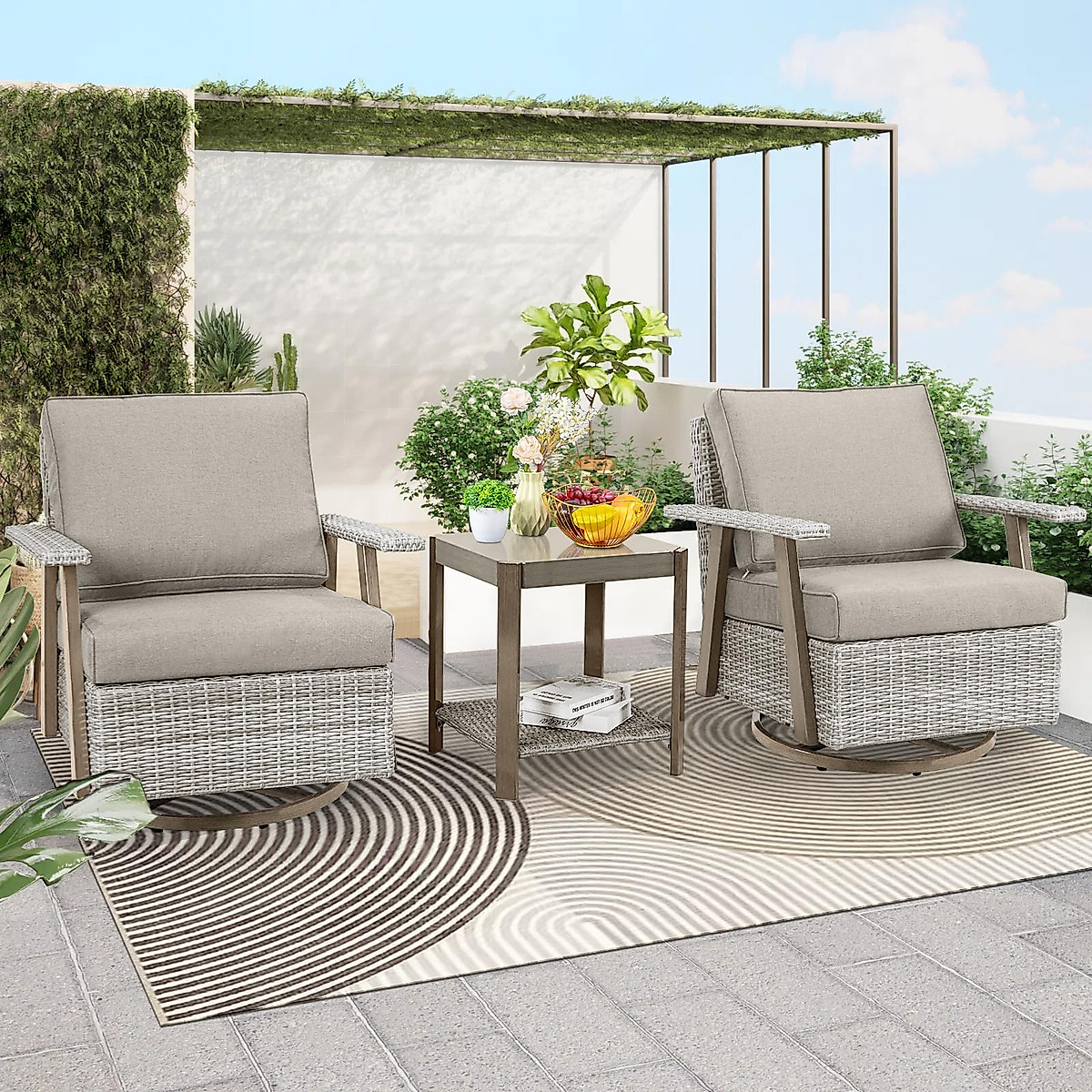 Auzfy 3 Pieces Outdoor 360° Swivel Rocker Patio Chairs Set, Outdoor Swivel Rocking Glider Chairs Set with Side Table, PE Wicker Rattan Outdoor Patio Swivel Rocking Furniture Set