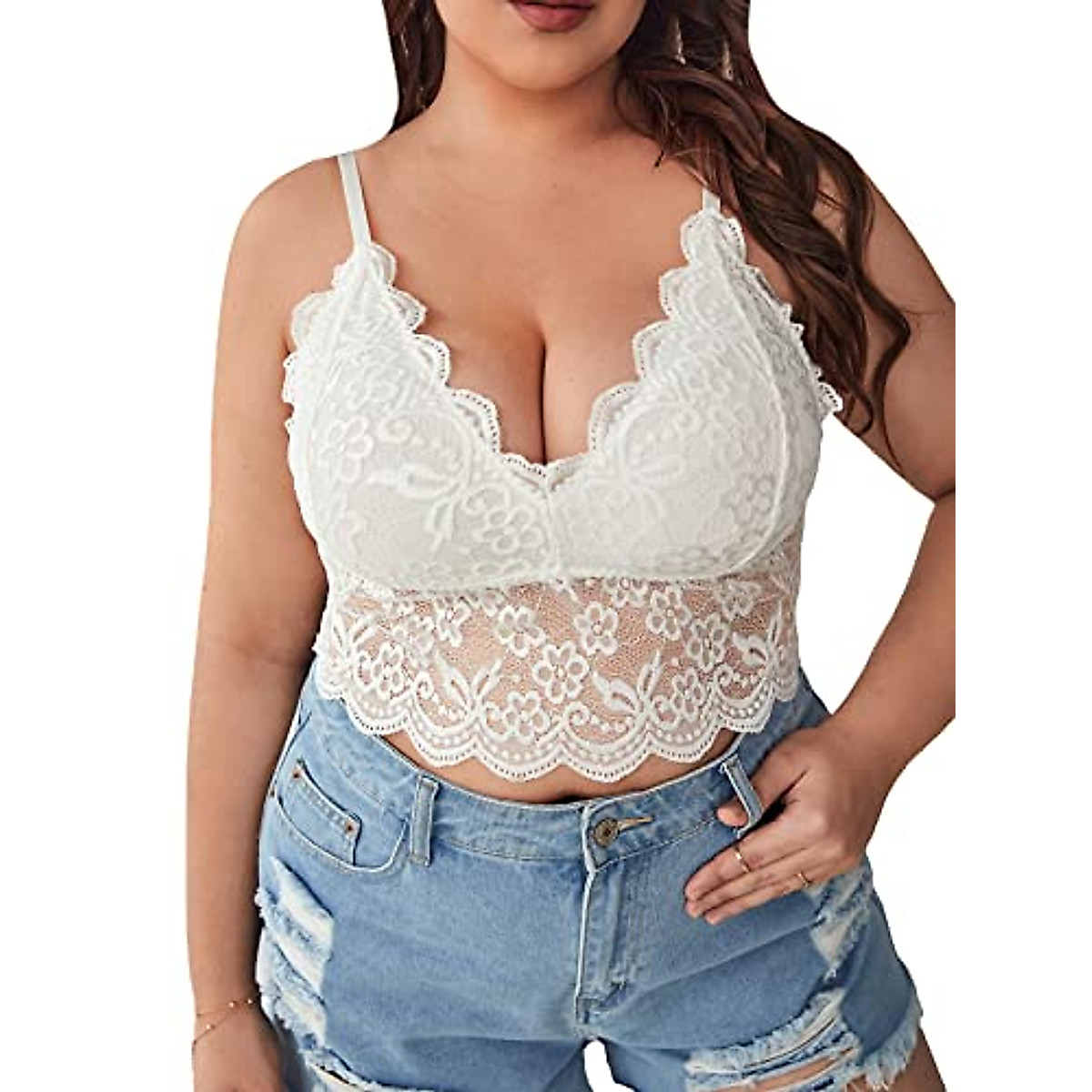 SOLY HUX Women's Plus Size Sexy Floral Lace Scalloped Trim Wireless Bra Adjustable Strap V Neck Everyday Bralette Plain White 2XL