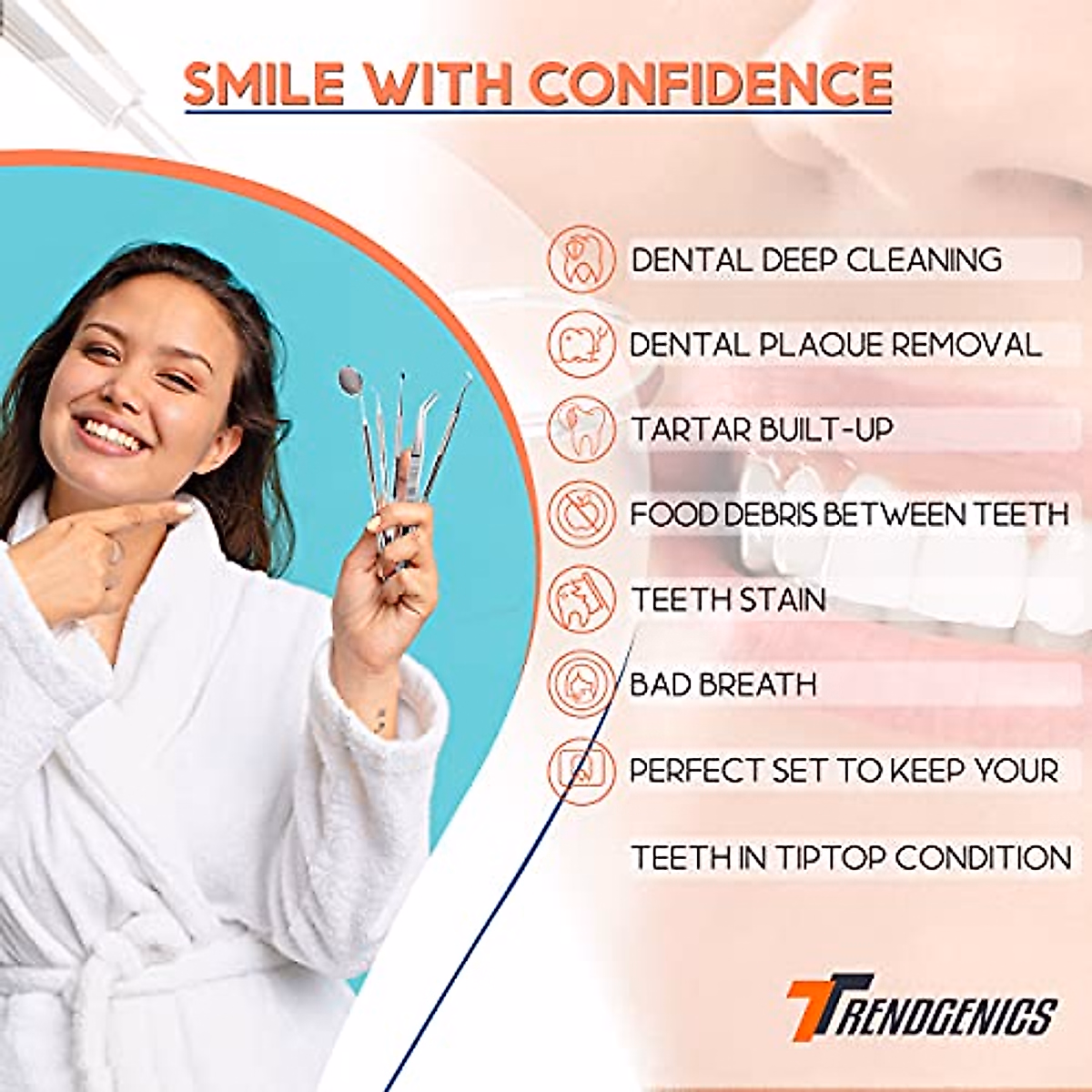 TrendGenics Dental Tools Plaque & Calculus Remover for Teeth Cleaning Dentist Kit Dental Pick Mirror Tooth Professional Tongue Scraper Tartar Remover Tool Stainless Steel Hygiene Dentist Set