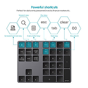 IKOS Bluetooth Number Pad, 34-Key Wireless Portable External Bluetooth Numeric Keypad with Multiple Shortcuts Compatible for Computer Laptop Windows Surface iMac MacBook Surface Pro (Black)