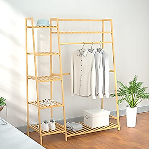 43.5" Bamboo Clothing Garment Rack Free Standing Clothes Coat Hanger Rolling Closet Organizer Shoe Rack Wardrobe Storage Hall Tree Entryway Living Bedroom Office Storage Shelves Clothes Hanging Rack