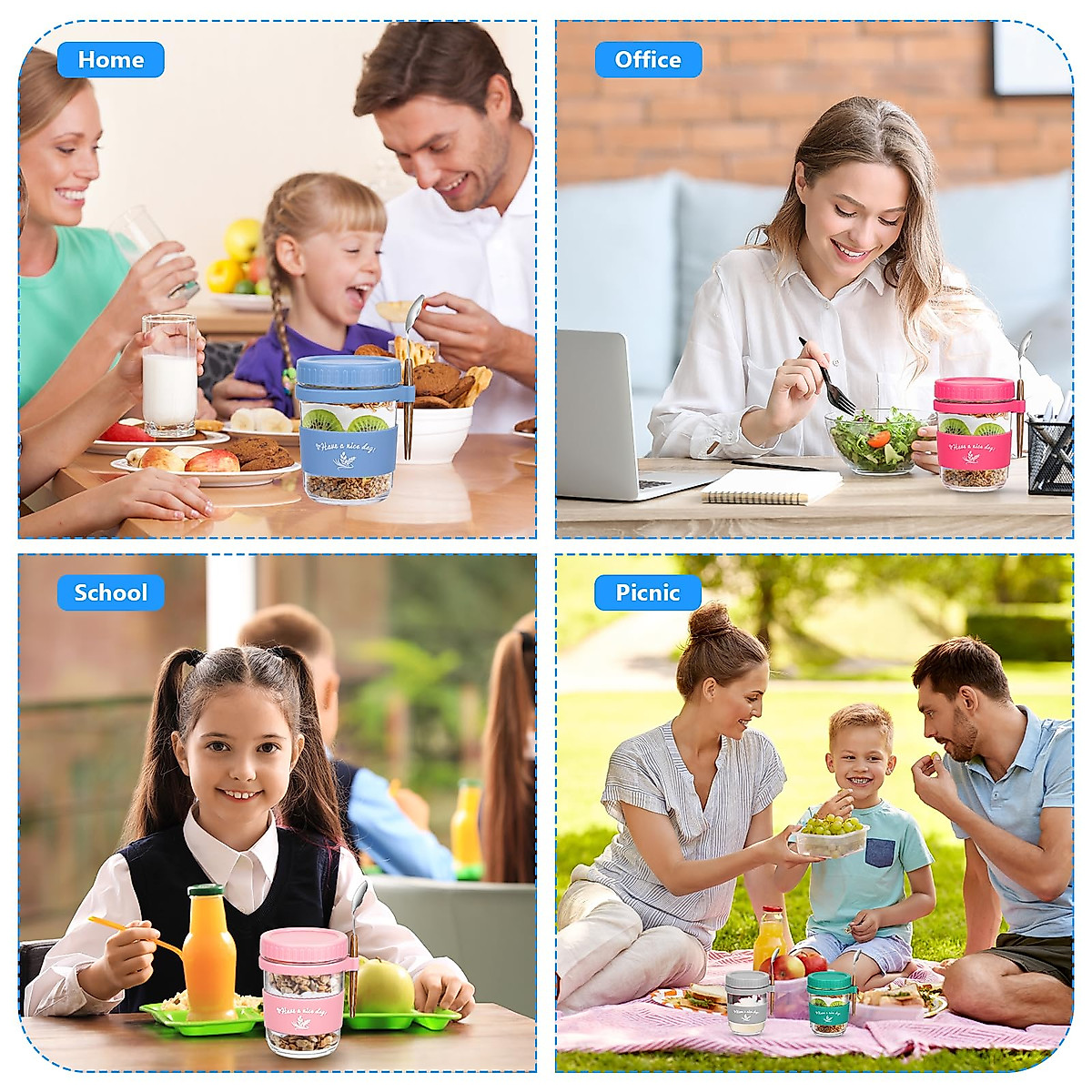 6 Pack Overnight Oats Containers with Lids and Spoon, 10 oz Glass Mason Jars with Sleeve Airtight Oatmeal Container with Measurement Marks Chia Pudding Jars with Lids for Milk Cereal Fruit Meal Prep