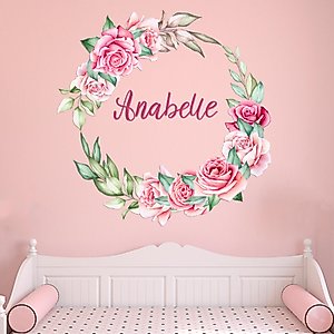 EGD Personalized Flower Wall Decor I Colorful Floral Wall Stickers I Custom Cursive Letter Wall Decal with Fancy Font I Nursery Wall Decor for Girl I Cute Decor for Bedroom I Multiple Sizes Options.
