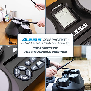 Alesis CompactKit 4 – Tabletop Electric Drum Set with 70 Electronic and Acoustic Drum Kit Sounds, 4 Pads, and Drum Sticks