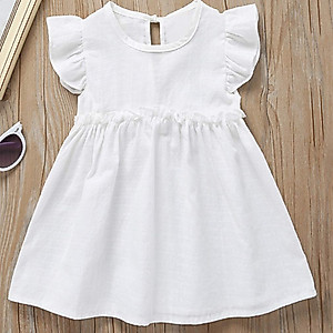 Niyage Baby Toddler Girls Cotton Flutter Sleeve Pleated Tunic Dress Swing Casual Playwear White 90