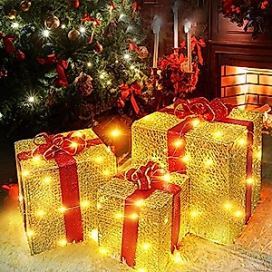BUDO Set of 3 Christmas Lighted Gift Boxes, 100 LED Light Up Warm White Gold Tinsel Box Decorations with Red Bow for Outdoor Indoor Christmas Tree Yard Home Decor, 6/8/10 Inch