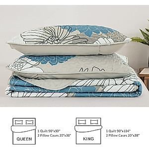 Blue Floral Pattern Queen Size Quilt Set - 3 Pieces Quilt Coverlet Elegant Bohemian Bedspread with 2 Pillowcases Soft Lightweight Bedding Quilt Set for Adults (Blue,90"x90")
