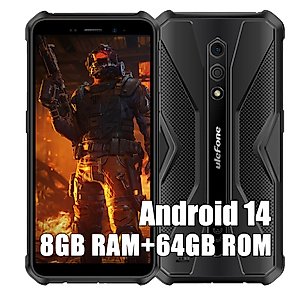 Ulefone Armor X12 Pro Rugged Smartphone Unlocked, MTK Helio G36 8GB+64GB Android 14 Cell Phone, 13MP+8MP, 5.45" HD+, 4860mAh, Dual SIM 4G Rugged Phone, NFC GPS OTG FM,T-Mobile,Black