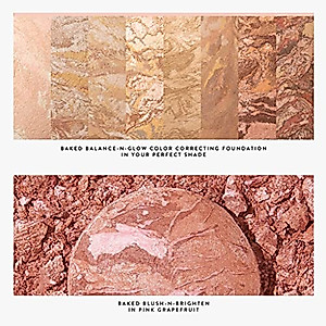 Blush-n-Glow Kit (3 PC): LAURA GELLER NEW YORK Baked Balance-N-Glow Illuminating CC Powder Foundation Golden Medium, Retractable Kabuki Brush, Baked Blush-N-Brighten Pink Grapefruit