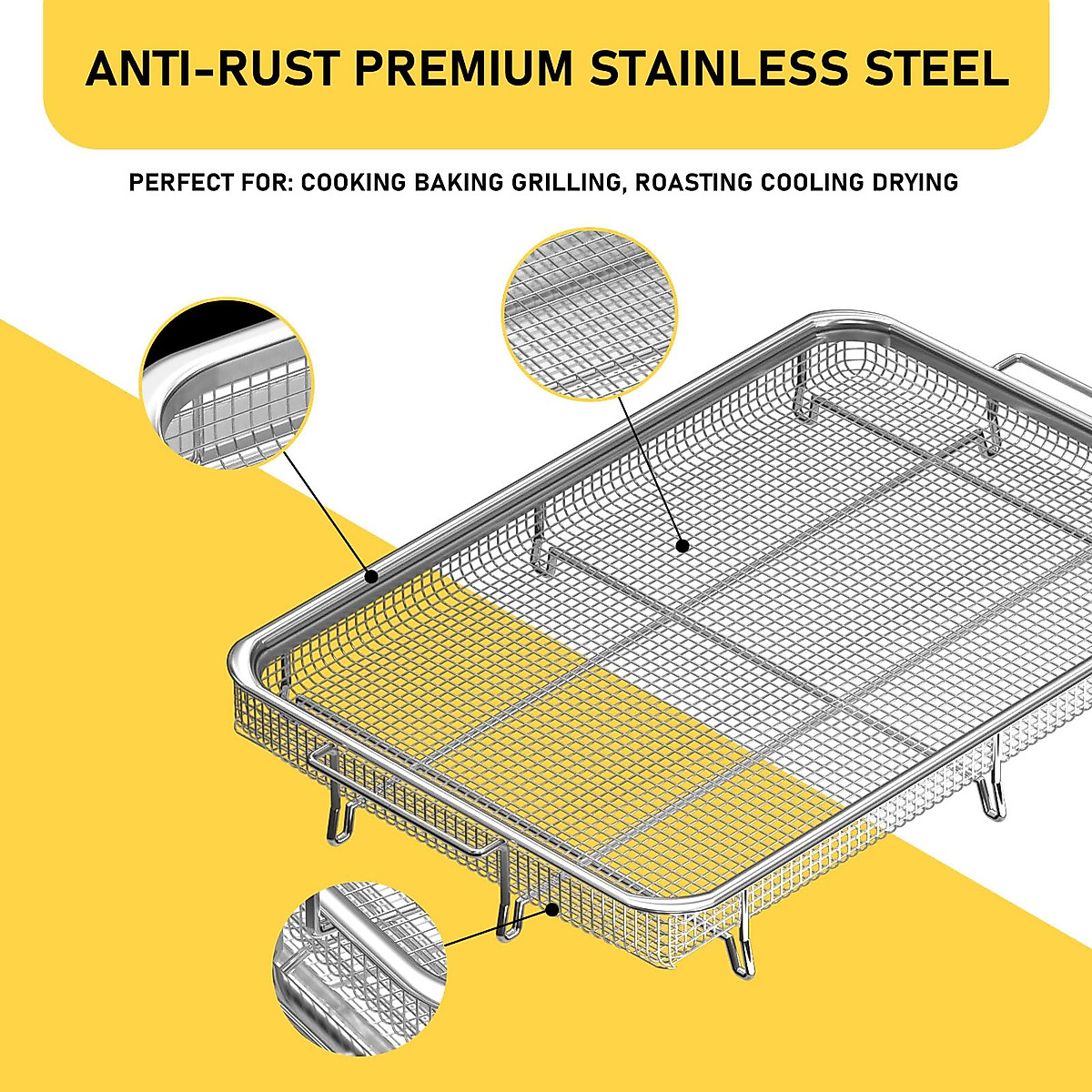 Extra Large Air Fryer Basket for Oven, 18.7'' x 11.9'' Stainless Steel Crisper Basket for Convection Oven, Baking Pan Perfect for the Grill, Dishwasher Safe, 2 Pack