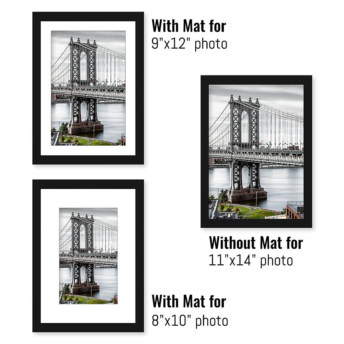 UHFWIFR 11x14 Picture Frames Solid Wood Display Pictures 9x12 or 8x10 with Mat or 11x14 Frame without Mat Poster Photo Frame Art with 2 Mats for Wall Mounting or Table Top(Black)