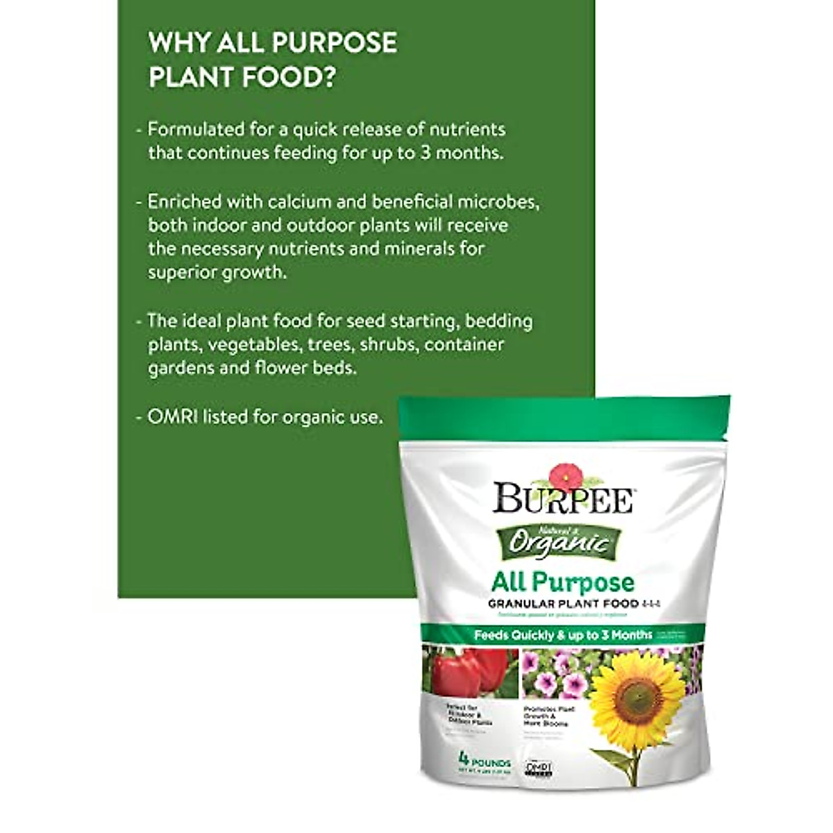 Burpee Natural Purpose Granular 4-Lb Organic Food for Growing Strong Plants | Good for Vegetable Garden, Flower Garden & Seed Starting, 4 lb, 4lb. Bag