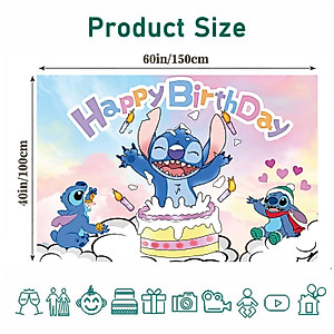 Stitc Birthday Decorations for Girls and Boys, Birthday Backdrop Party 60x40 Inch, Stylish Stitc Birthday Party Supplies Banner Background (Cute1, 3 * 5FT)