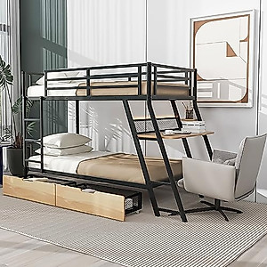 VilroCaz Multi-Functional Twin Size Metal Bunk Bed with Built-in Desk and Light, Metal Bunk Bed Frame with Safety Guardrail and 2 Storage Drawers, Trapezoid Design Bunk Bed for Kids Teens Adults