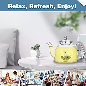 TETWIN Glass Teapot Including 2 Blooming Flower Tea Balls, Stovetop Safe Tea Pot with Removable Infuser for Blooming and Loose Leaf Tea, 1000ml / 33.8oz