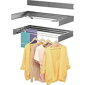 kenvc Wall Mounted Drying Rack 40", Laundry Drying Rack Collapsible, 16.5 Linear Ft 5 Aluminum Rods 60 lb Capacity with Wall Template Screwdriver Bit Drill Bit (40", No Hook Gray)