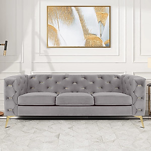 LEVNARY Modern Chesterfield Sofa, Velvet Button Tufted Upholstered 3 Seater Couch, 84 Inches Settee Sofa with High Arm and Golden Metal Legs, Couches for Living Room Bedroom Office (Gray)