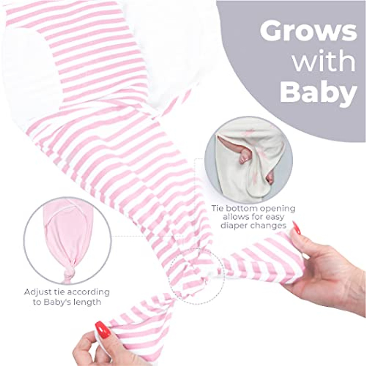 Jam Naturals- Organic Knotted Tie Bottom Adjustable Velcro Swaddle and Hat Set of 3, Newborn Sleep Sack (0-3m, 7-14lbs Pink)