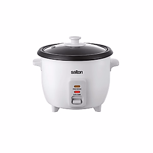 Salton 6 Cup Automatic Rice Cooker with Bonus Food Steaming Basket, Measuring Cup & Spatula, Removable Non-Stick Cooking Bowl for Quinoa, Oatmeal and More, White (RC2104WH)