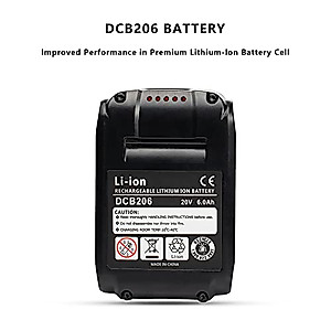 DEWQKI 2 Pack (DCB206) 6.0Ah 20V Battery, Replace for Dewalt 20V Max Battery DCB206-2 DCB204 DCB203 DCB201, Compatible with Dewalt DCD/DCF/DCG Series Cordless Power Tools