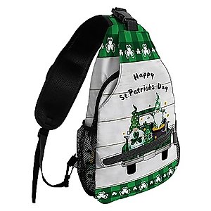 Sling Backpack, St. Patrick's Day Truck Pull Gnomes on Rustic Wood Grain Waterproof Lightweight Small Sling Bag, Travel Chest Bag Crossbody Shoulder Bag Hiking Daypack for Women Men