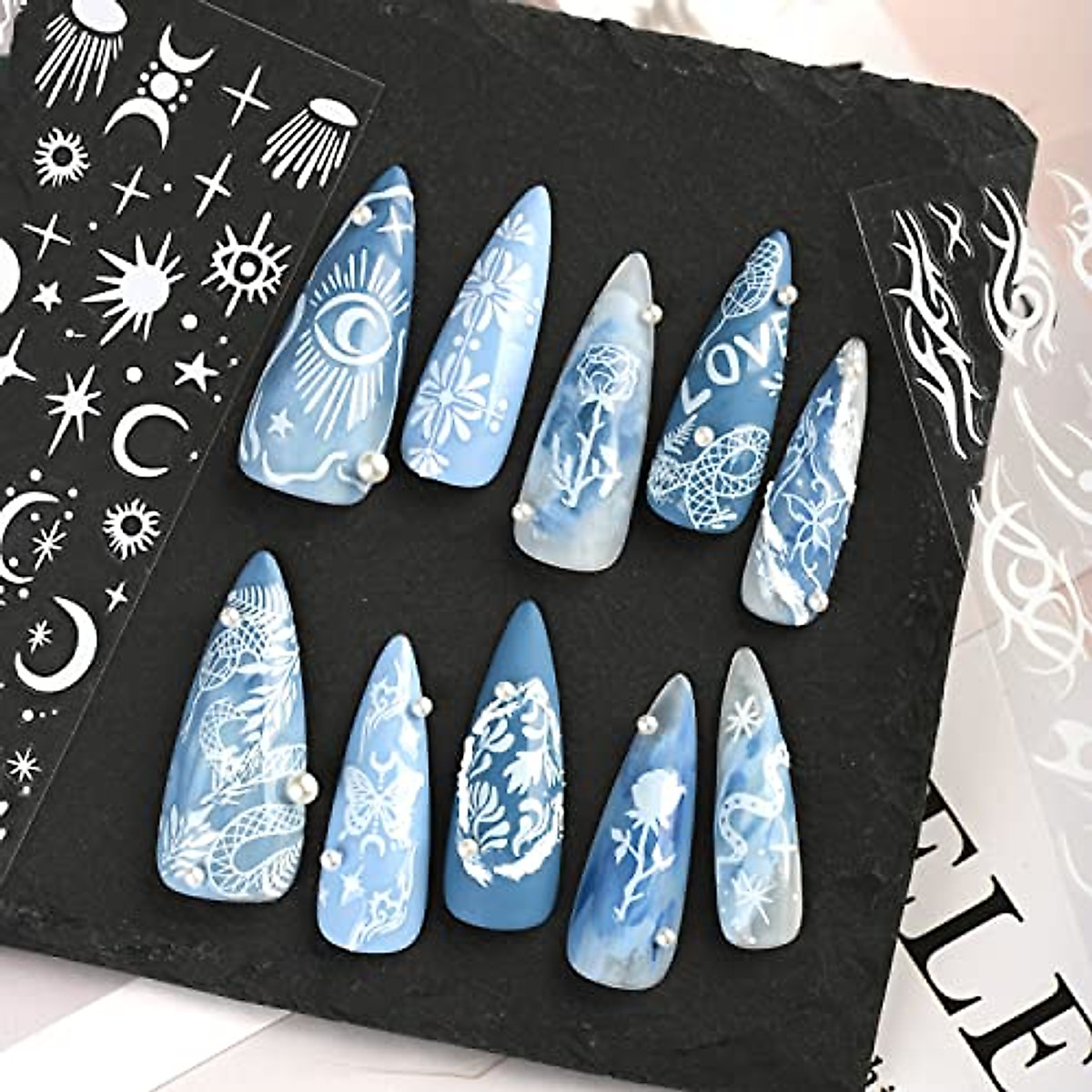 White Totem Nail Art Adhesive Sticker 3D Self-Adhesive Nail Decals Art Design Holographic Stars Moon Snake Nail Art Sticker Decoration for Women Manicure Tips Acrylic Nails DIY Nails Art Supplies
