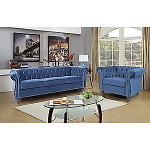 wirrytor 2 Pieces of Living Room Furniture Chesterfield Sofa Sets, Velvet Chesterfield Sofa&Chesterfield Club Chair Sofas Set with Nailhead Trim Scroll Arms(Blue)