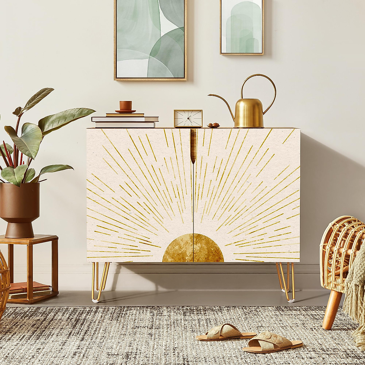 SIGNWIN Sideboard Buffet Cabinet, Kitchen Storage Cabinet with 2 Doors, Golden Rising Shining Sun Horizon, Cupboard Console Table for Dining Room - 35" L x 18" W x 29" H