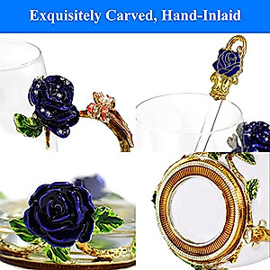 ZTBBW Tea Cup, Glass Coffee Mug with Spoon, Handicraft Crystal Glass 3D Flower Tea Cup, Women Ideal Christmas Gift for Birthday, Wedding, Mother's Day (Blue)