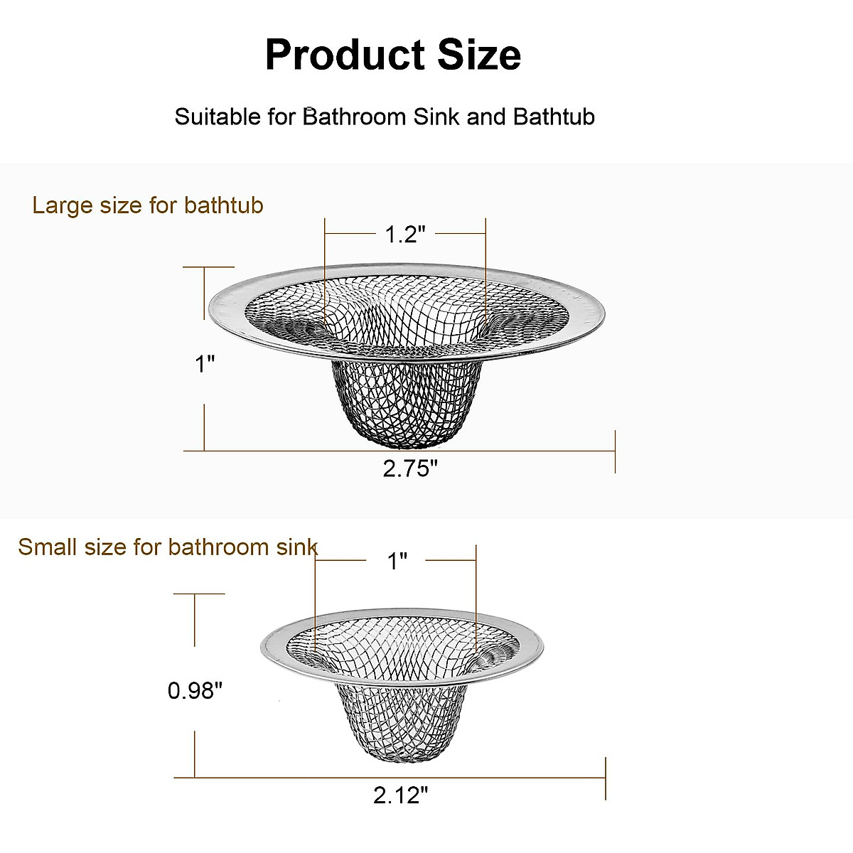 6-Pack Bathroom Sink and Tub Drain Strainer Screen Mesh, 2 Sizes 2.12" and 2.75" Top / 1" Basket Small Hair Catcher Shower Drain for Bathroom, Lavatory, Balcony, Utility, RV, Floor Drain, Sink Basin