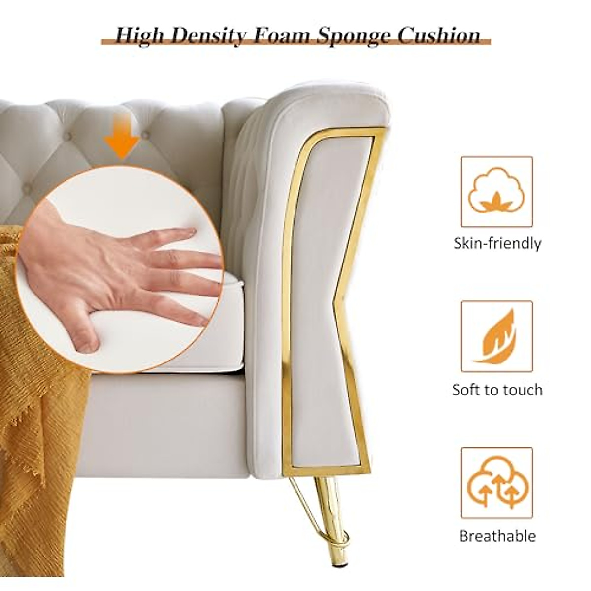 Tmsan 87.4" Velvet Sofa Couch, Mid-Century Modern Chesterfield Loveseat Classic Button Tufted 2 Seater Couch with Golden Legs for Living Room Office Bedroom (Beige)